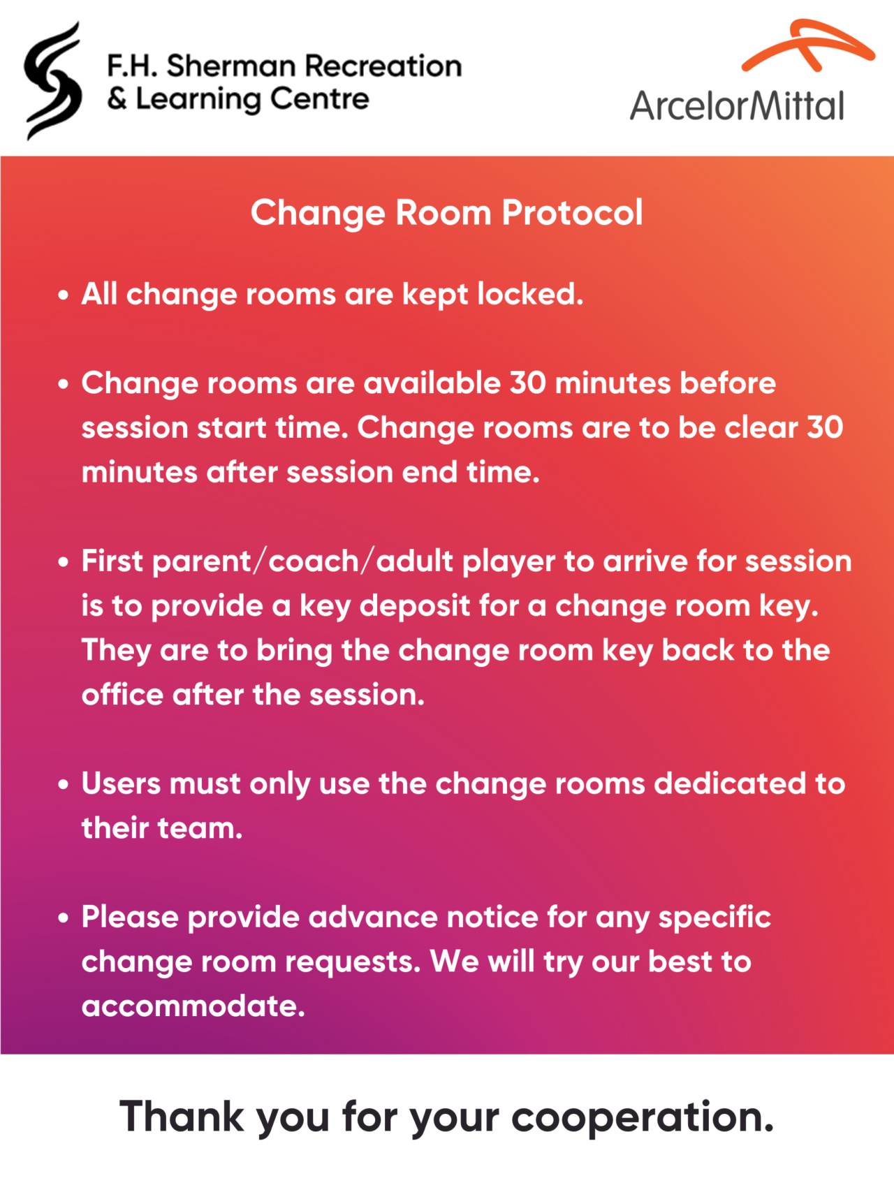 Change Room Protocol | Dofasco Rec Park